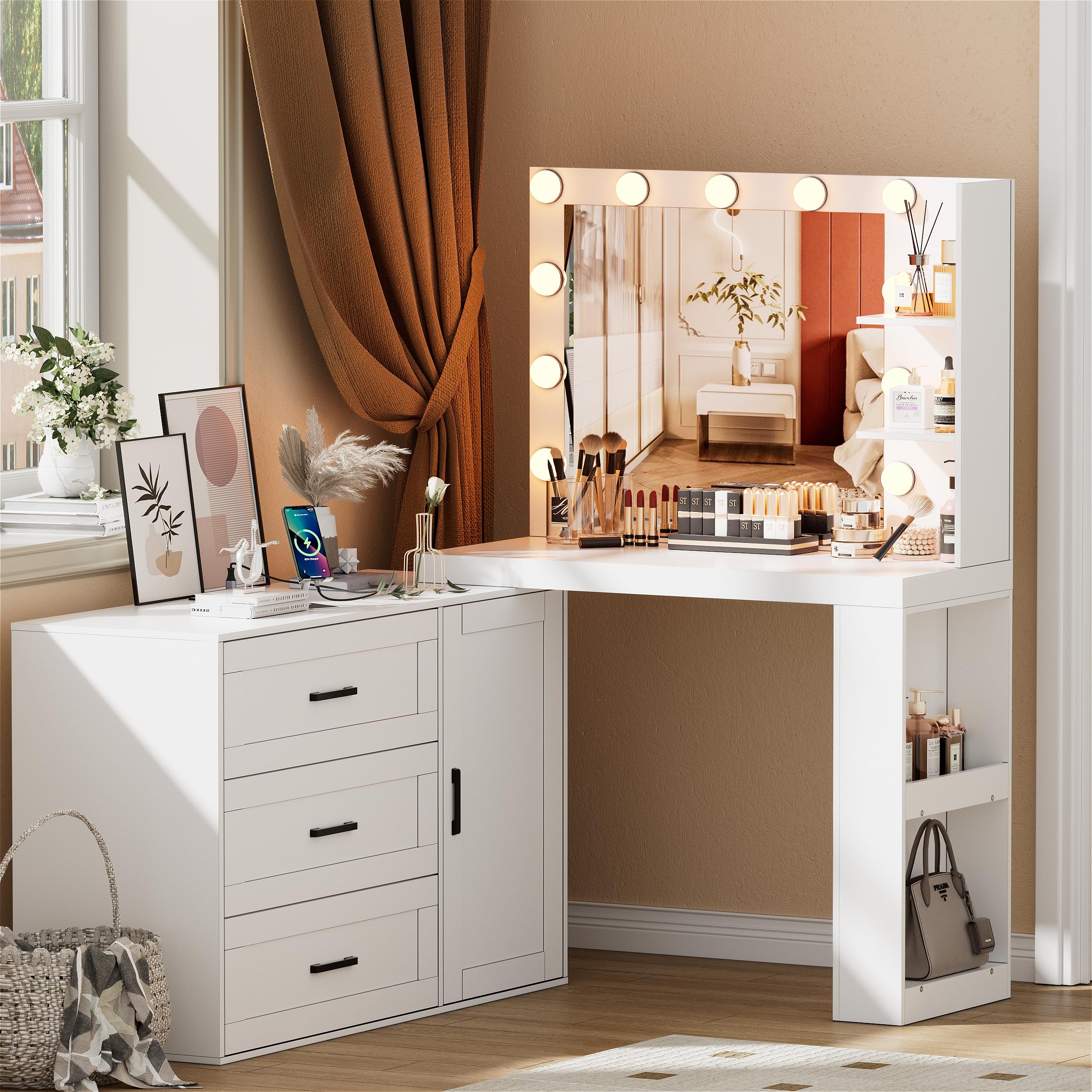 PAKASEPT Vanity Desk with Mirror and Lights, Makeup Vanities with Charging Station, White Vanity with 3 Color Lighting, Drawers, Hidden and Open Shelves, Girls Dressing Table for Bedroom