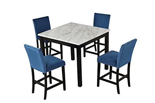 SZUBEE 4 5-Piece Counter Height Set with One Faux Marble Dining Table and Four Upholstered-Seat Chairs for Kitchen, Blue