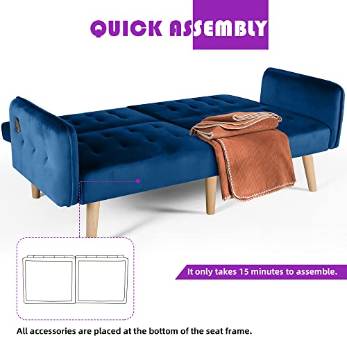 TYBOATLE 65"W Velvet Modern Convertible Folding Futon Couch Sofa Bed w/ 2 USB Charging Ports and Arms, Loveseat for Compact Living Space, Dorm, Game Studio, Bonus Room, Apartment, Bedroom (Navy Blue)