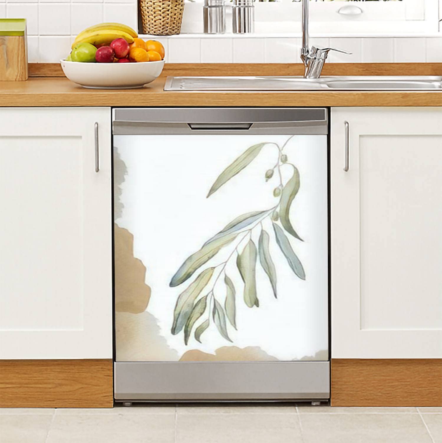 Dishwasher Magnet Cover Watercolor Hand Drawn Botanical of a Wild Olive Branch with Leaves and Magnetic Refrigerator Stickers Decorative Appliance Cover Fridge Panels Metal Door Garage 23"Wx26"H