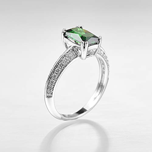 Empsoul 925 Sterling Silver Solitaire Ring Baguette Cut Green Emerald Quartz Wedding Engagement Ring for Women Size 7
