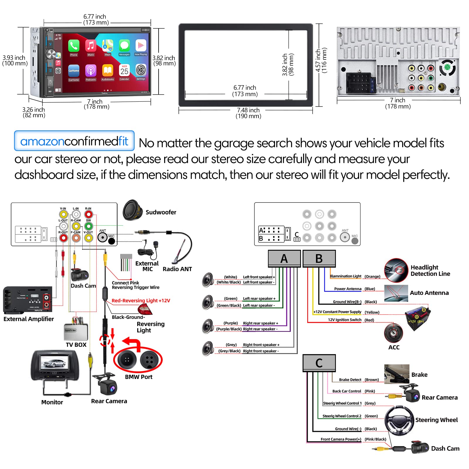 Double Din Car Stereo with Apple CarPlay, Android Auto, Dash Cam, Backup Camera, Bluetooth, Mirror Link, 7-inch Full HD Touchscreen, Subw, SWC, USB/TF/AUX, AM/FM Car Radio
