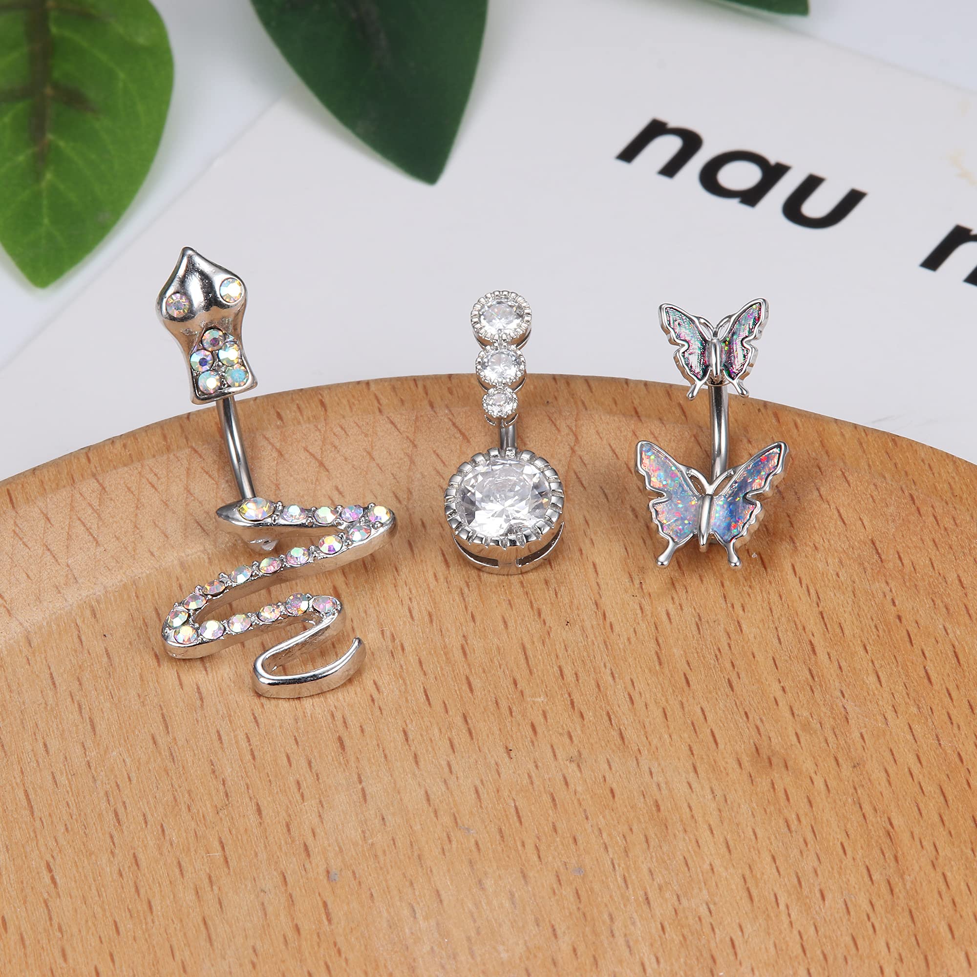 FASACCO 3Pcs Belly Button Ring 14G Surgical Steel Belly Rings for Women CZ Snake Butterfly Belly Button Rings (white tone)