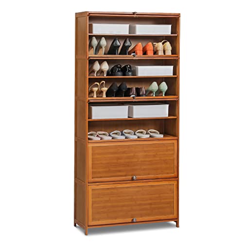 MoNiBloom Large Shoe Storage Cabinet with Doors, 10 Tier Bamboo Free Standing Shoes Shelf Organizer Stand for More Than 40 Pairs for Entryway, Hallway, Brown