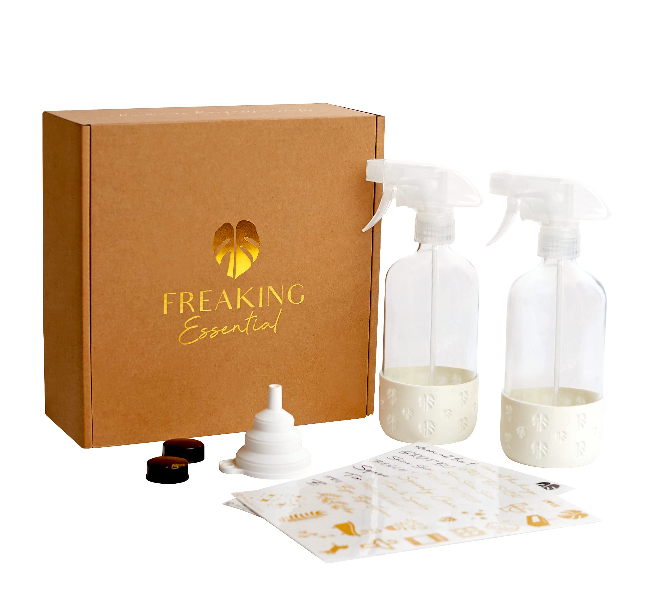 Empty Clear Glass Spray Bottle - 16 oz with Silicone Sleeve, Funnel, Labels - Refillable Spray Bottles for Essential Oils, Cleaning Solutions, Plants - 2 Pack (Linen White)