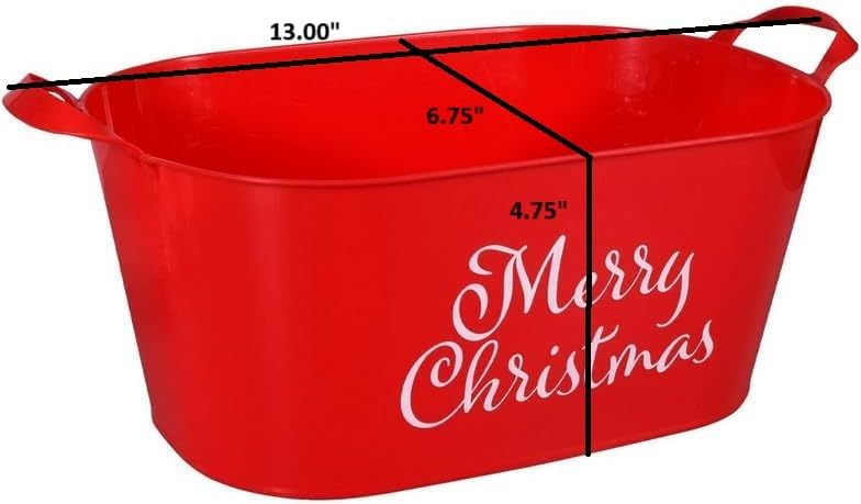 Merry Christmas Red Oval Bucket with Handle Sentiment Plastic Buckets Handles Gifts Gift Baskets Storage Organizer Containers Party Favor Xmas Holiday Decorations