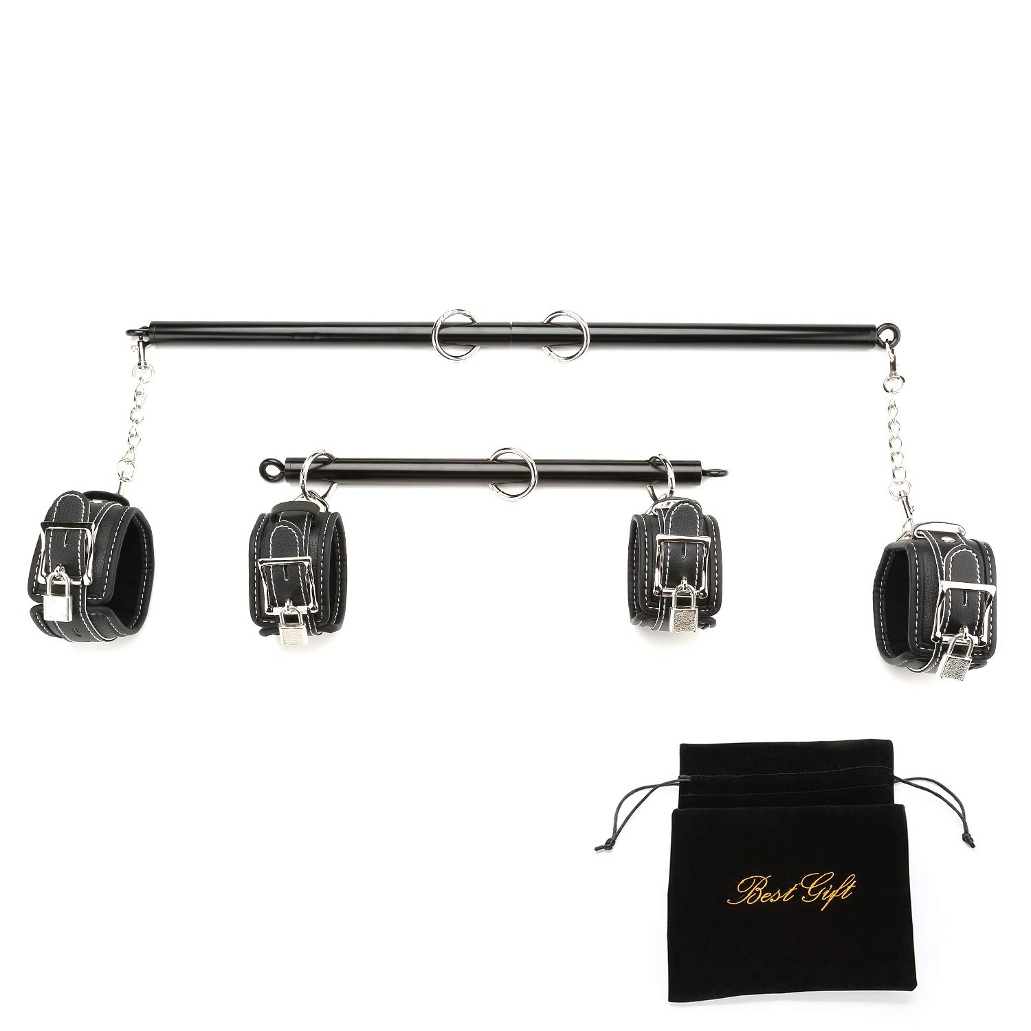 EXREIZST Expandable 2 Silver Spreader Bar with 4 Black Leather Straps Soft Pad Adjustable Exercise Training Tools Set for Home Gyms