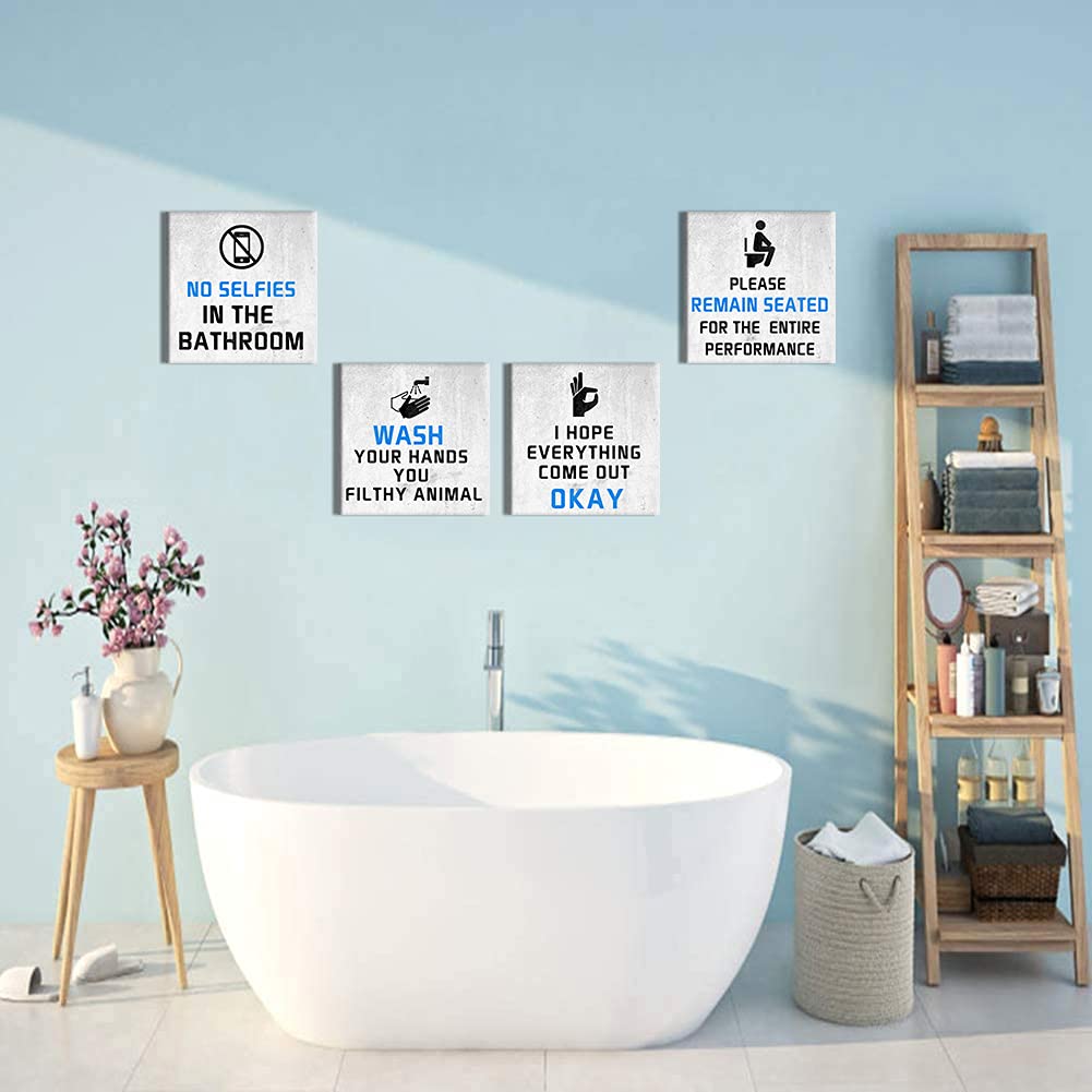 Funny Bathroom Signs Wall Decor Prints Framed Great Quotes and Sayings Canvas Wall Art Painting for Bathroom Decoration 4 Panels
