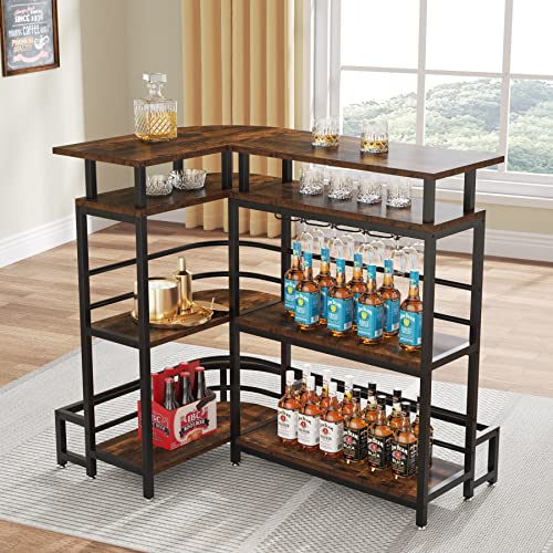 Tribesigns Home Bar Unit, L-Shaped Liquor Bar Table with 4 Glasses Holders and 4 Tier Shelves, Wine Bar Cabinet Mini Bar for Home Kitchen Pub, Freestanding Coffee Bar Table with Footrest, Rustic Brown
