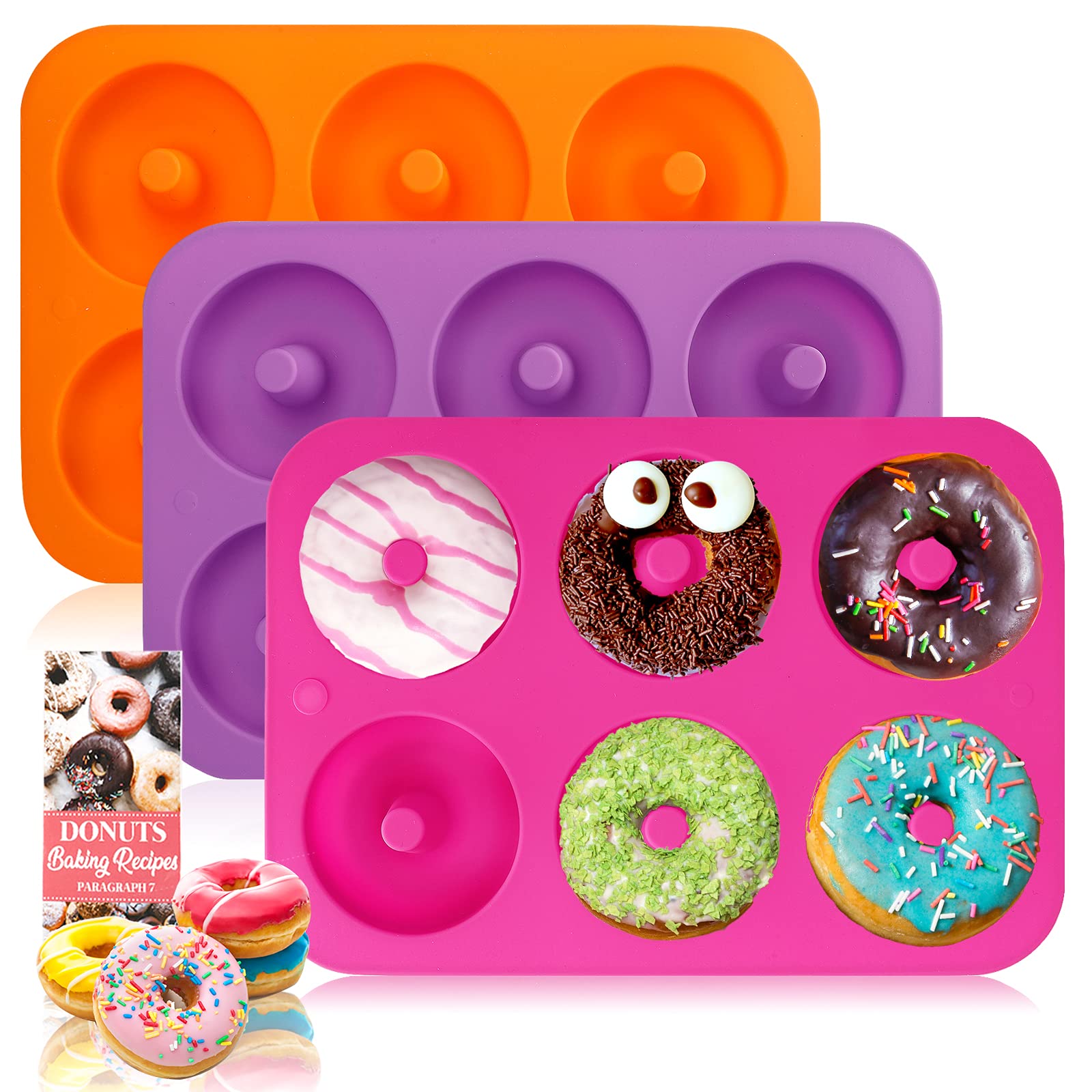 HEHALI 3pcs Donut Pan, Non-Stick Silicone Donut Mold, Bagel Doughnuts Pan for Baking in Clearance, Tray Measures 10x7 Inches