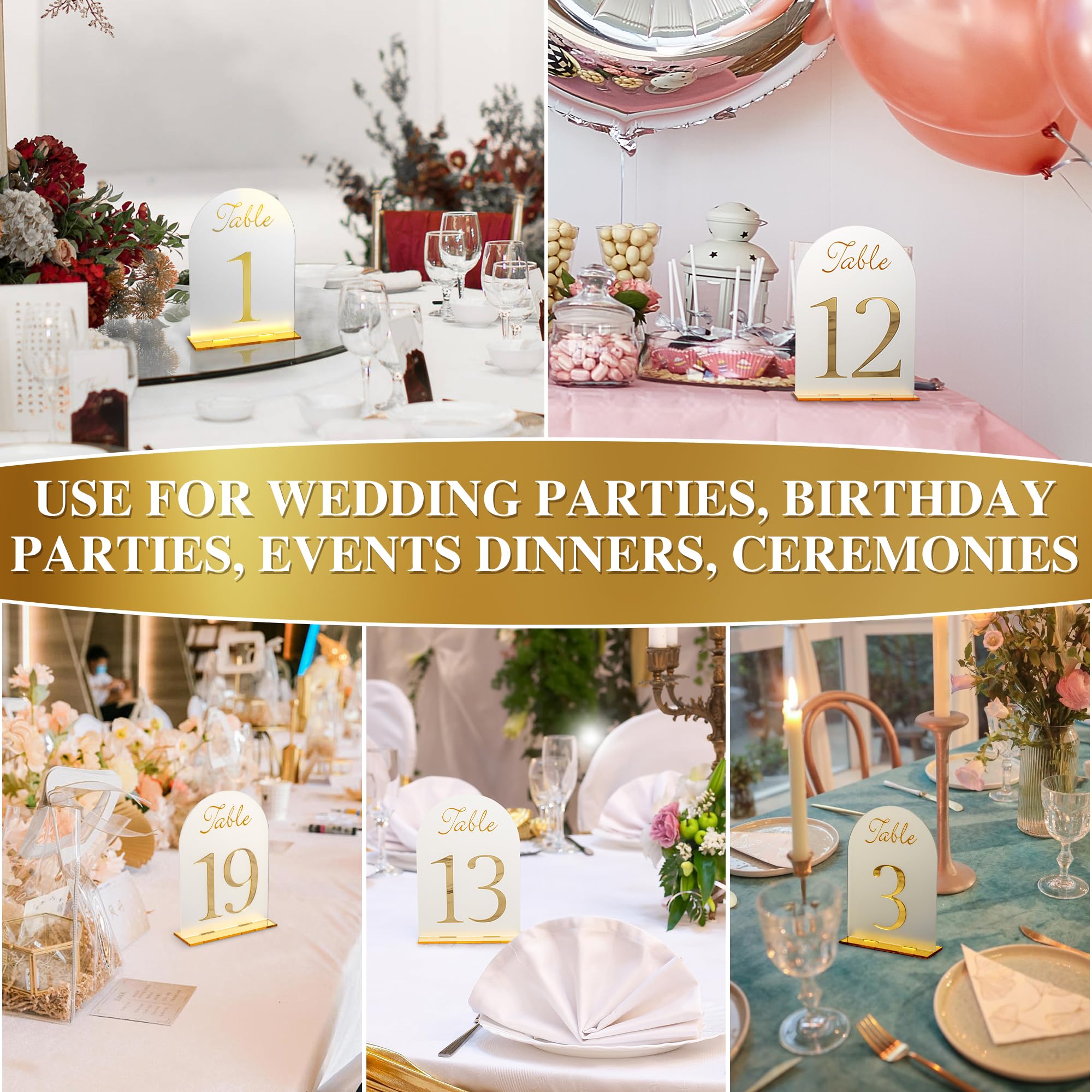 RoyalDecor's Frosted Arched Acrylic Table Numbers 1-20 with Gold Mirror Number and Stands - Perfect Wedding Table Decorations Accessories - Small Number Stand Centerpieces for Reception Tables - 5x7