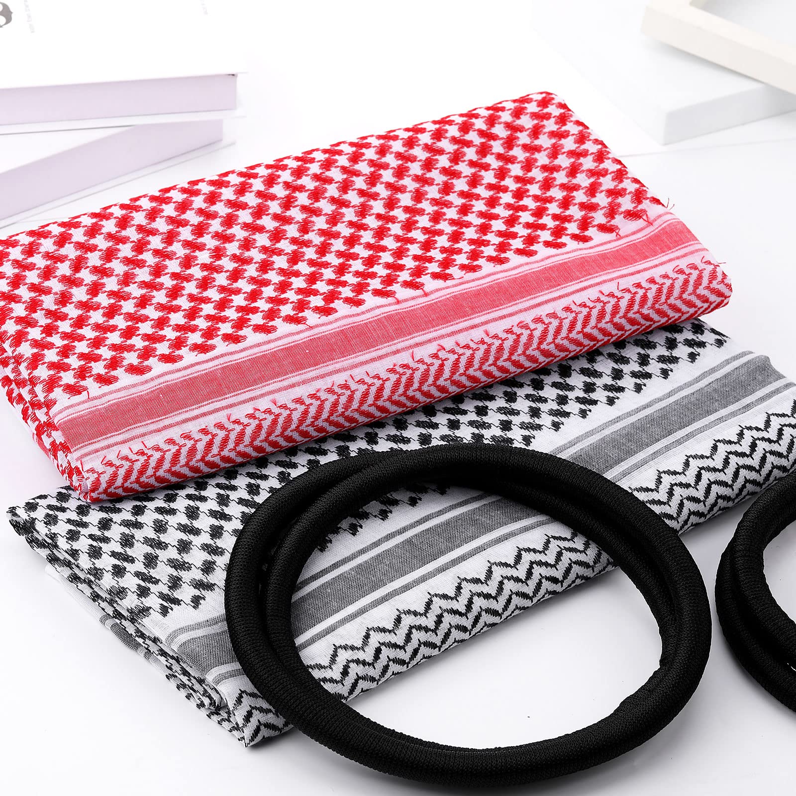 Funtery 2 Pcs Arab Head Scarf for Men with Lgal Aqel Rope Middle East Desert Shemagh Wrap Arab Costume(Pink, Black, White)