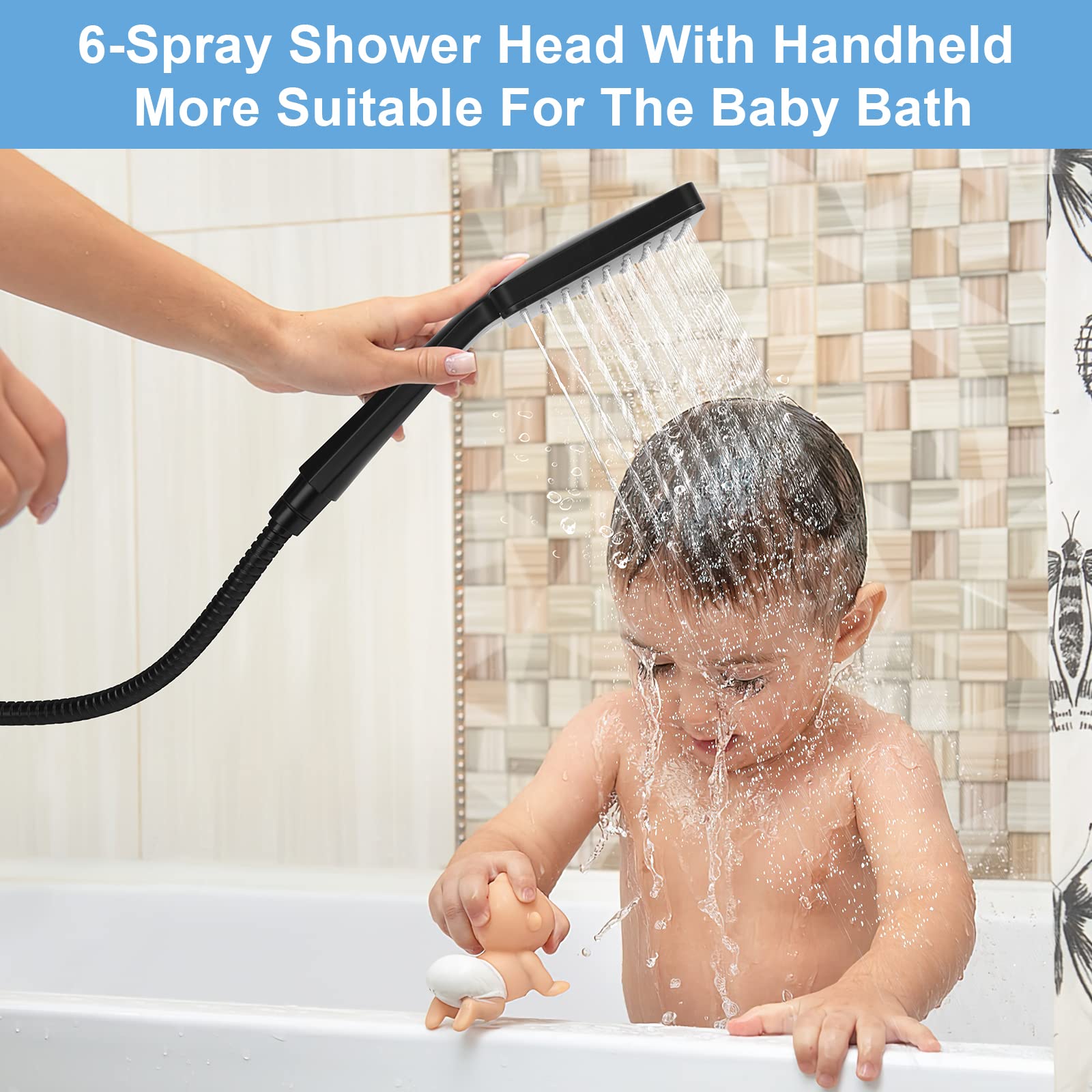 Handheld,Rain Black Square shower head with Hose,High Pressure 6 Spray Settings Rainfall Detachable shower heads Set with 59" Stainless Steel Hose/Bracket/Shower Loofahs/Tape