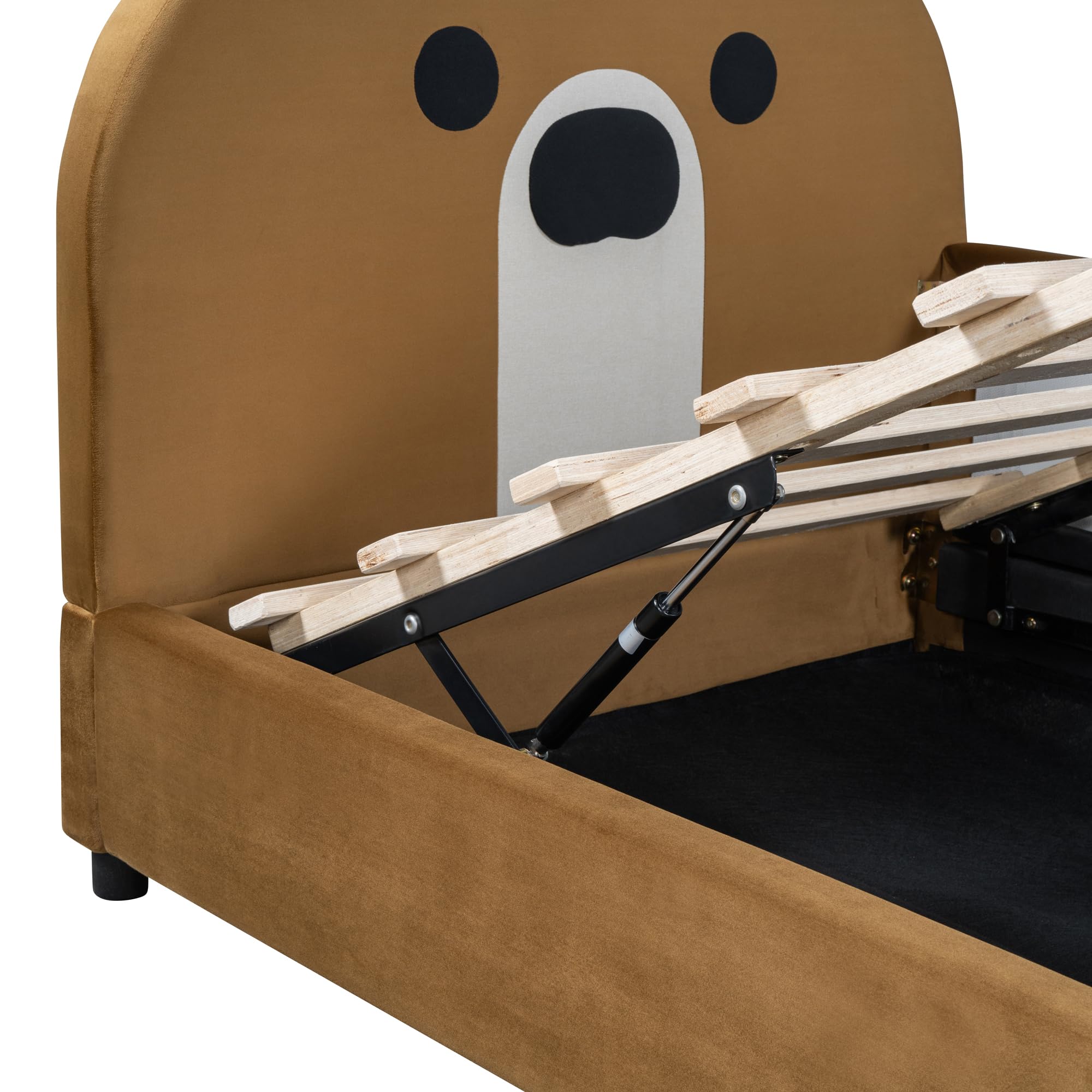 Luxo Abode Twin Size Upholstered with Bear Shaped Headboard, Velvet Daybed w/Hydraulic System and Breathable Mesh Fence, Easy Assembly and No Spring Need, for Kids Teens Bedroom, Brown