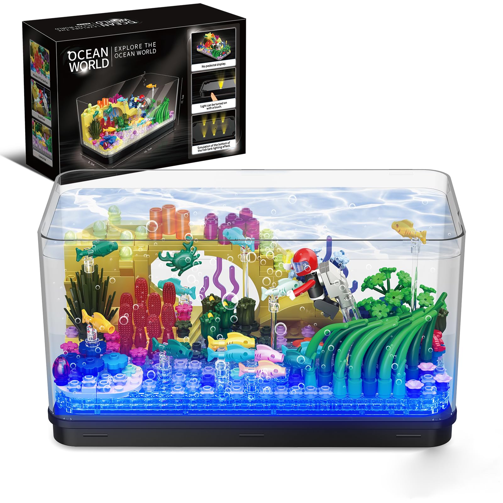 HIGH GODO Fish Tank Aquarium Building Sets, Creative Model Mini Block with Light kit, Collectible Ocean Exploration DIY Toys for Adults Boys Girls Ages 8+(559PCS)