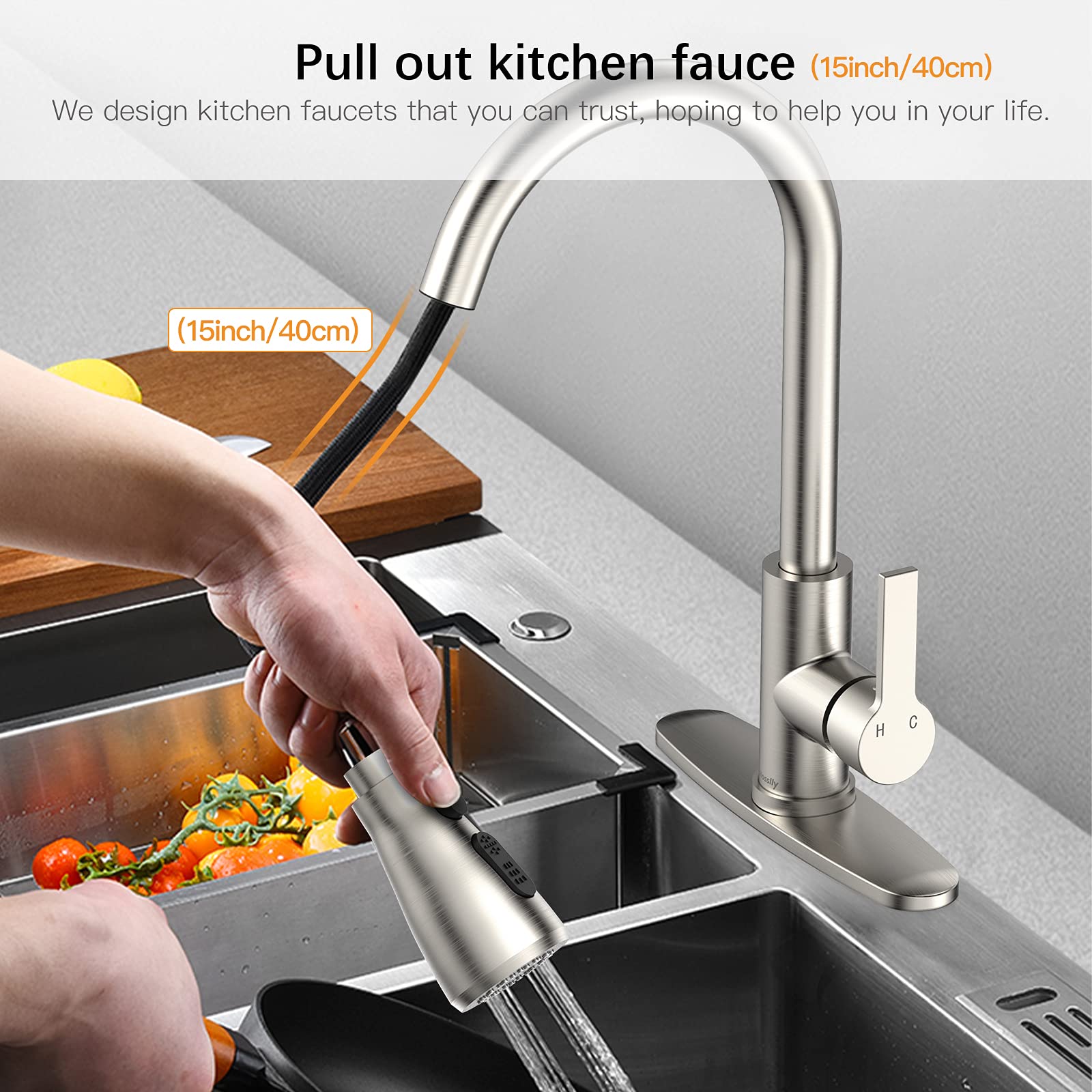 Kitchen Faucet, Brushed Nickel Kitchen Faucet for Sink with Sprayer, Single Handle faucets High Arc Modern Spring Kitchen Sink Faucet Stainless Steel with Deck Plate, for One Hole Or 3 Hole