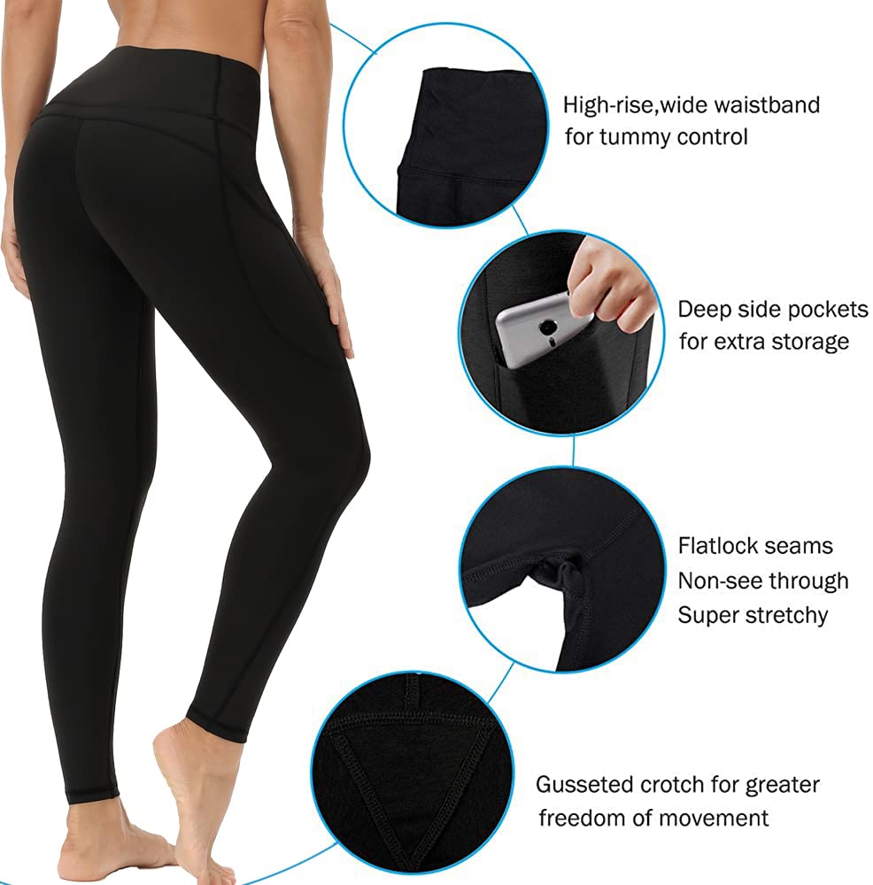 ENEESSI Women's High Waisted Yoga Leggings with Pockets,Tummy Control Non See Through Workout Athletic Running Yoga Pants Black XXL