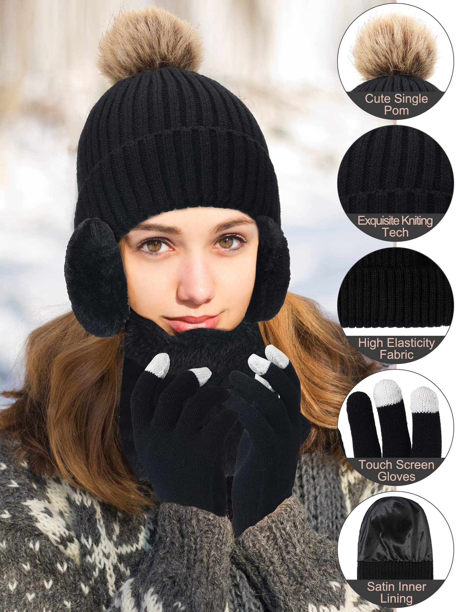 Eurzom 5 Pcs Women Warm Hat and Gloves Scarf Set Knitted Beanie Ski Outing Pompom Hat Winter Ear Warmer Ski Earmuffs Stocking (Black)