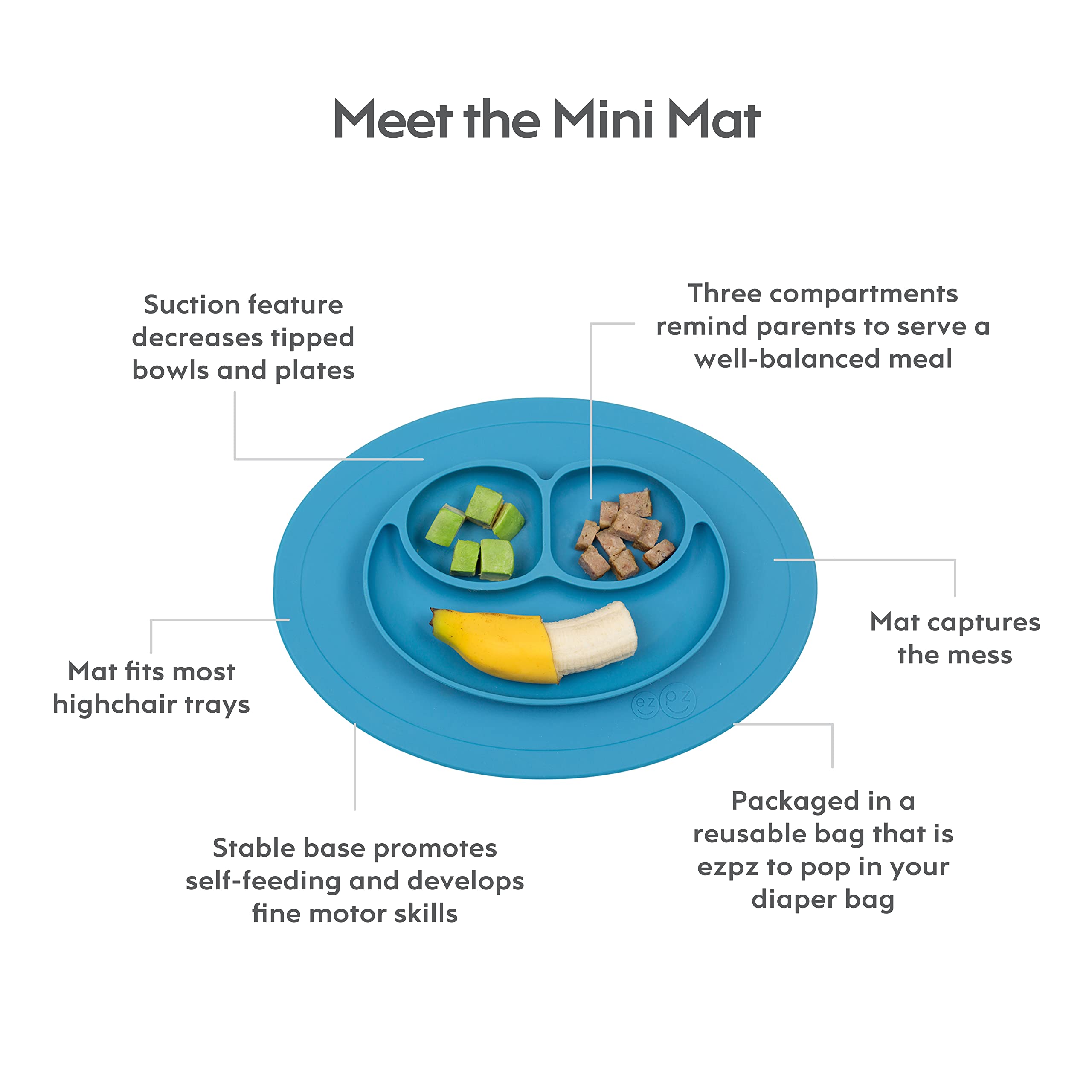 ezpz Mini Collection Set (Blue) - 100% Silicone Cup + Straw, Fork, Spoon & Mini Mat Suction Plate with Built-in Placemat for Infants + Toddlers - First Foods + Self-Feeding - 12 Months+