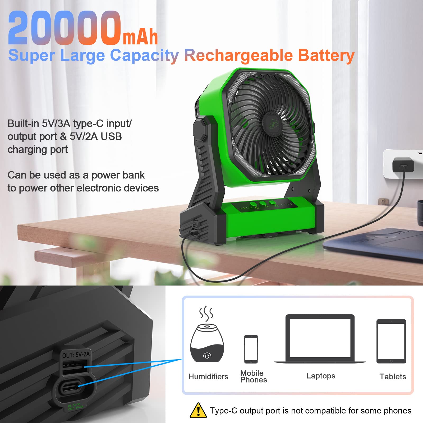 Higheed Camping Fan with LED Lantern, 20000mAh Rechargeable Battery Operated Tent Light & Hook, 270° Pivot, 4 Speeds, Personal USB Desk for Camping, Fishing, Power Outage, Barbecue, Jobsite