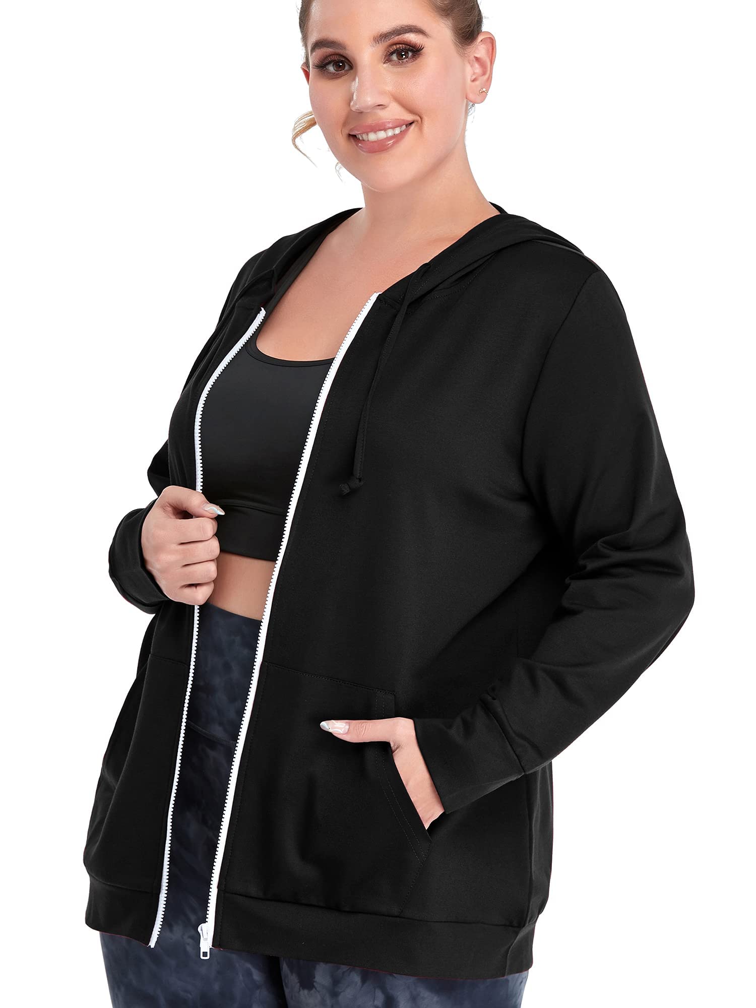 FOREYOND Plus Size Full Zip Hoodies for Women Long Sleeve Sweatshirt Workout Jackets with Kanga Pocket Black 2X