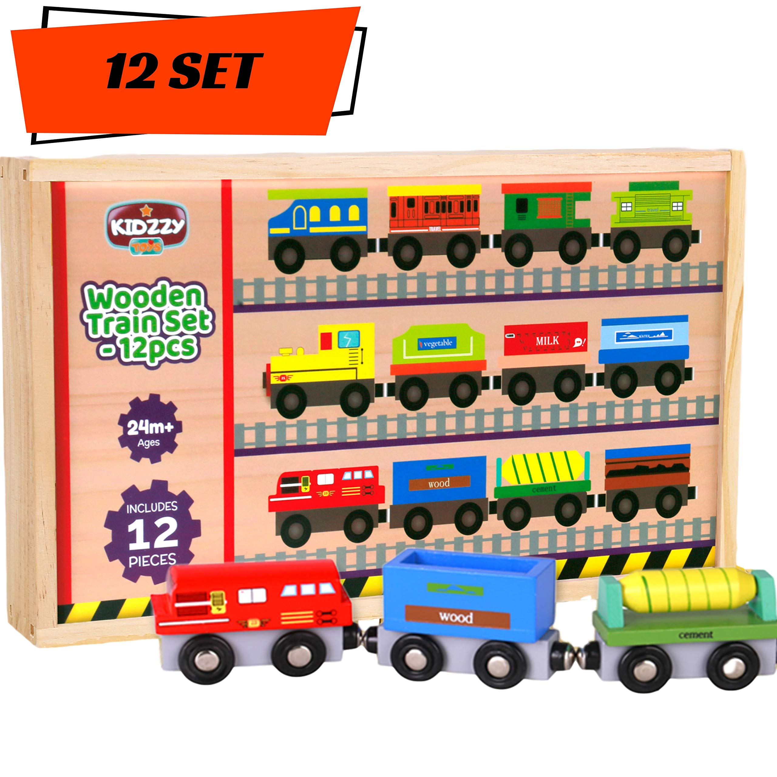 Wooden Train Cars - 12 Pack - A Kids Favorite Toy Train Set