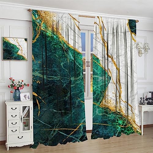 Marble Blackout Curtain,Ombre Emerald Green Golden Texture Backdrop Drapes,Rod Pocket Insulated Window Curtains for Living Room Bedroom Kitchen,42x45in