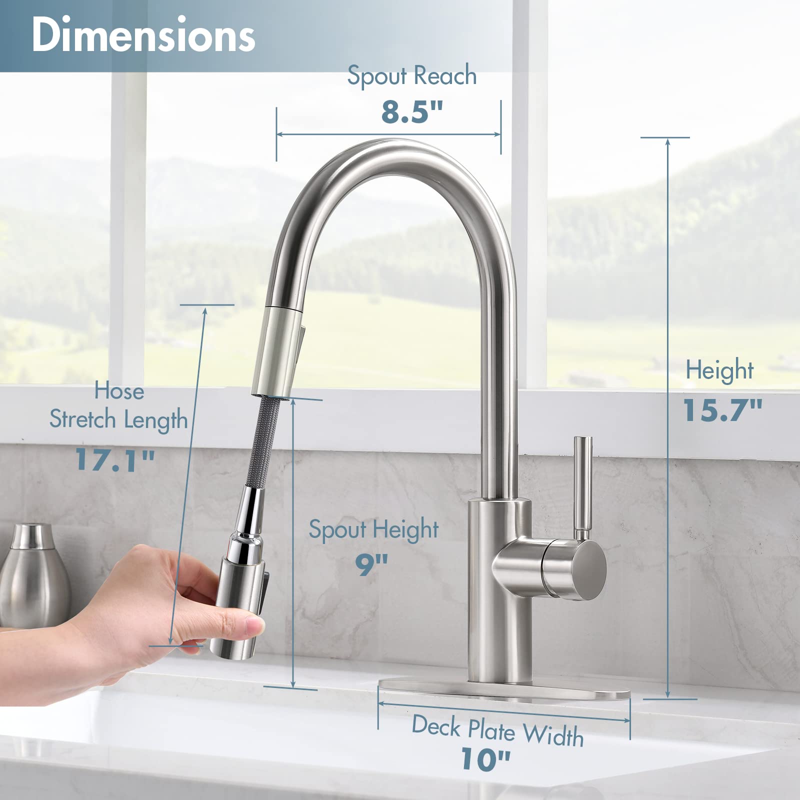 Kitchen Faucet with Pull Down Sprayer OUEN Brushed Nickel Modern Single Handle High Arc Pull Out Kitchen Sink Faucets with Deck Plate for Laundry RV Farmhouse, Brass Structure, 15.7" Height