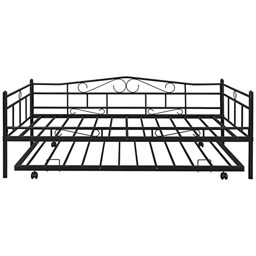 Lostcat Twin Size Daybed Bed with Trundle,Metal Bedframe with Safety Guardrails & Heavy Duty Steel Slat Support,for Kids Teens Adults.No Box Spring Needed (Black)
