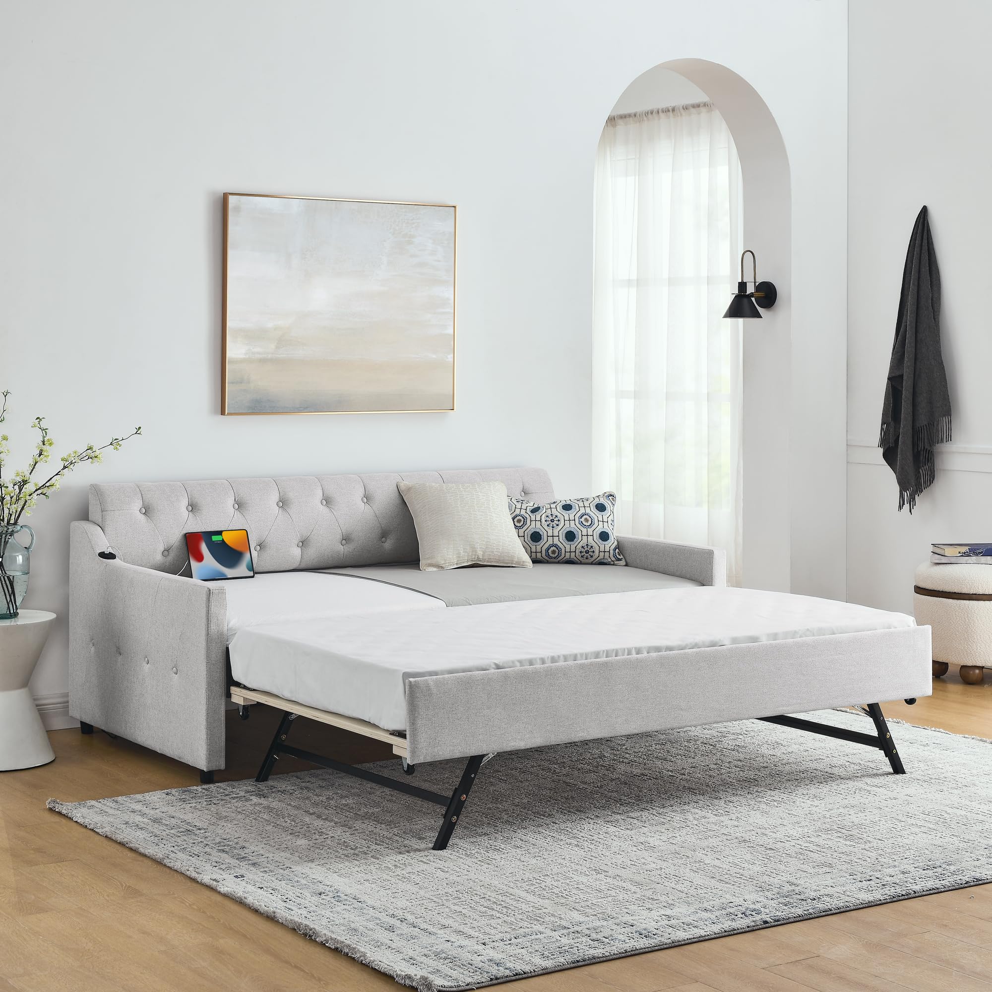 LUSPAZ Twin Size Upholstery Daybed with Trundle and USB Charging Design, Twin to King Design Mid-Century Extendable Sofa Bed, Easy Assembly, No Box Spring Required, for Living Room and Bedroom, Beige