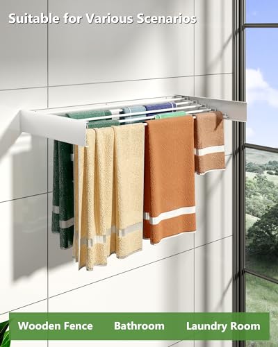 Laundry Drying Rack, 31.5" Wall Mounted Drying Rack, Collapsible Drying Rack with 60lbs Capacity, Space Saving Drying Rack with Wall Template, Screwdriver Bit & Drill Bit, White Upgrade