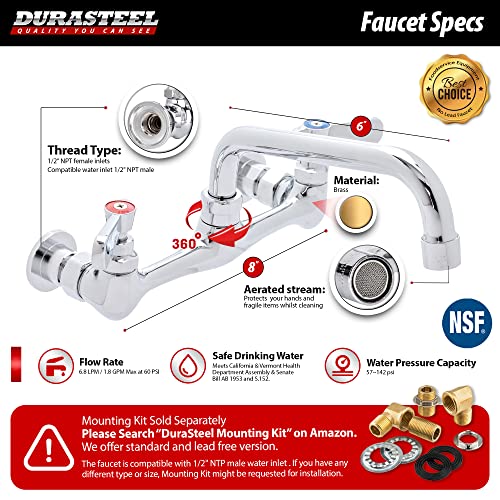 Kitchen Sink No Lead Faucet - DuraSteel 8" Center Wall Mounted Commercial Kitchen Sink Faucet with 6" Swivel Spout - NSF Certified - Dual Lever Handles - Brass Constructed & Chrome Polished