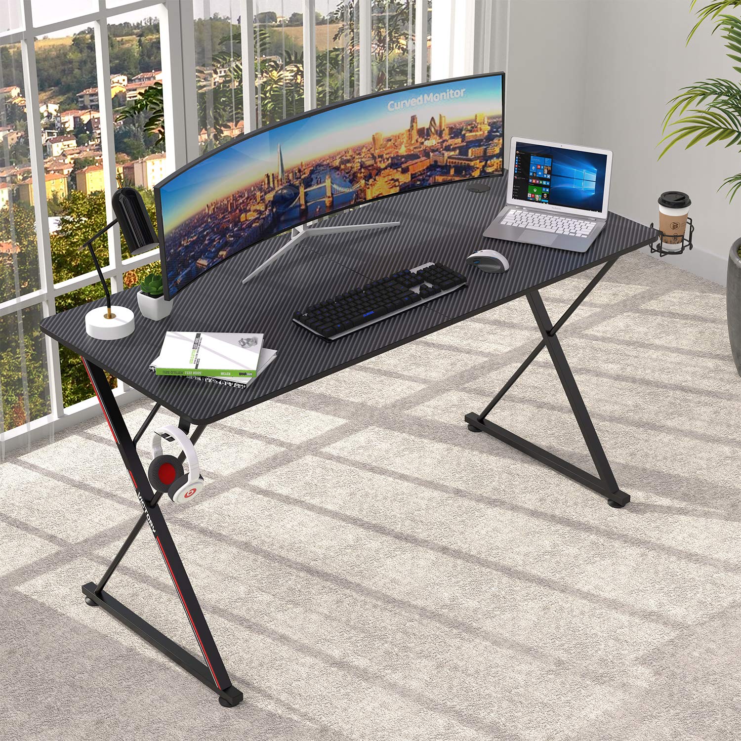 DESIGNA 55'' Gaming Desk, X-Shape Computer Desk Small Desk Gamer Workstation with Free Mouse pad, Cup Holder& Headphone Hook & Controller Stand, for Home Office, Black