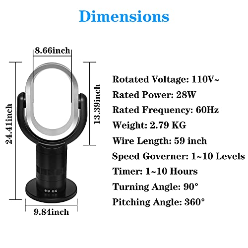 Simple Deluxe Medium size portable bladeless fan, small table fan, 10 speeds settings, 10-hour timing closure bladeless fan, stylish and modern fan, low noise, lightweight,24 inch Black