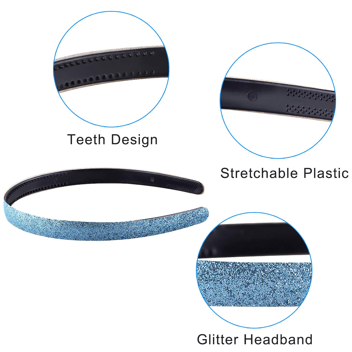 Duufin 20 Pieces Glitter Headbands Colorful Plastic Headbands with Teeth Sparkle Headbands for Girls and Women, 20 Colors