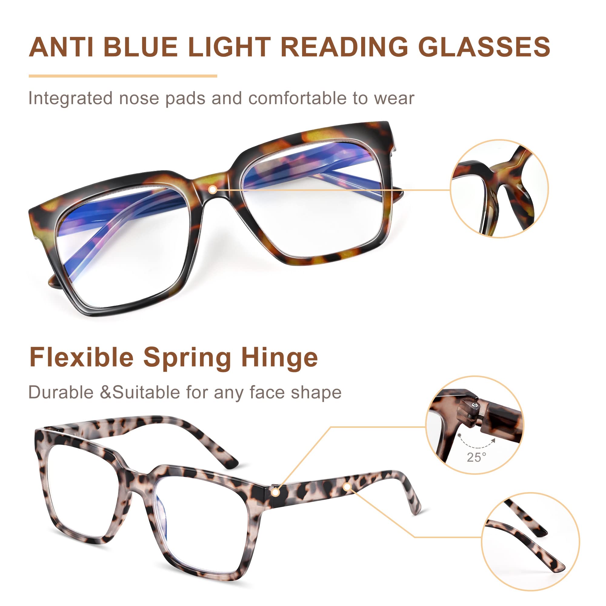 EASY READ 3 Pairs Reading Glasses for Women, Squre Computer Blue Light Blocking Anti UV Readers with Spring Hinge (Black/Tortoise/Grey, 2.50, multiplier_x)