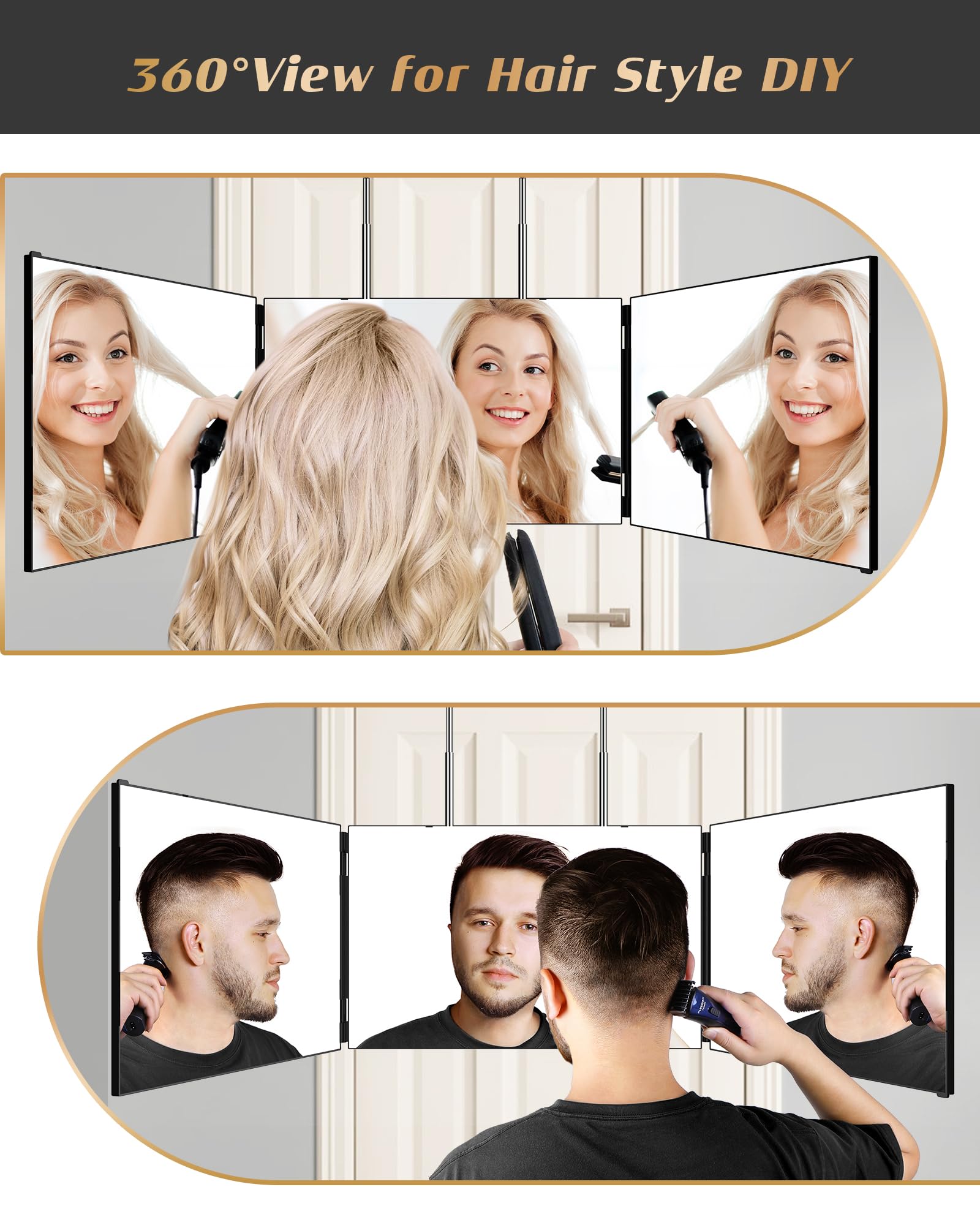 JUSRON 3 Way Mirror for Hair Cutting, 360 Mirror with Height Adjustable Hooks for Door, Bathroom, Portable Trifold Shaving Barber Mirror for Makeup, Cut, Trim (Black Without LED)