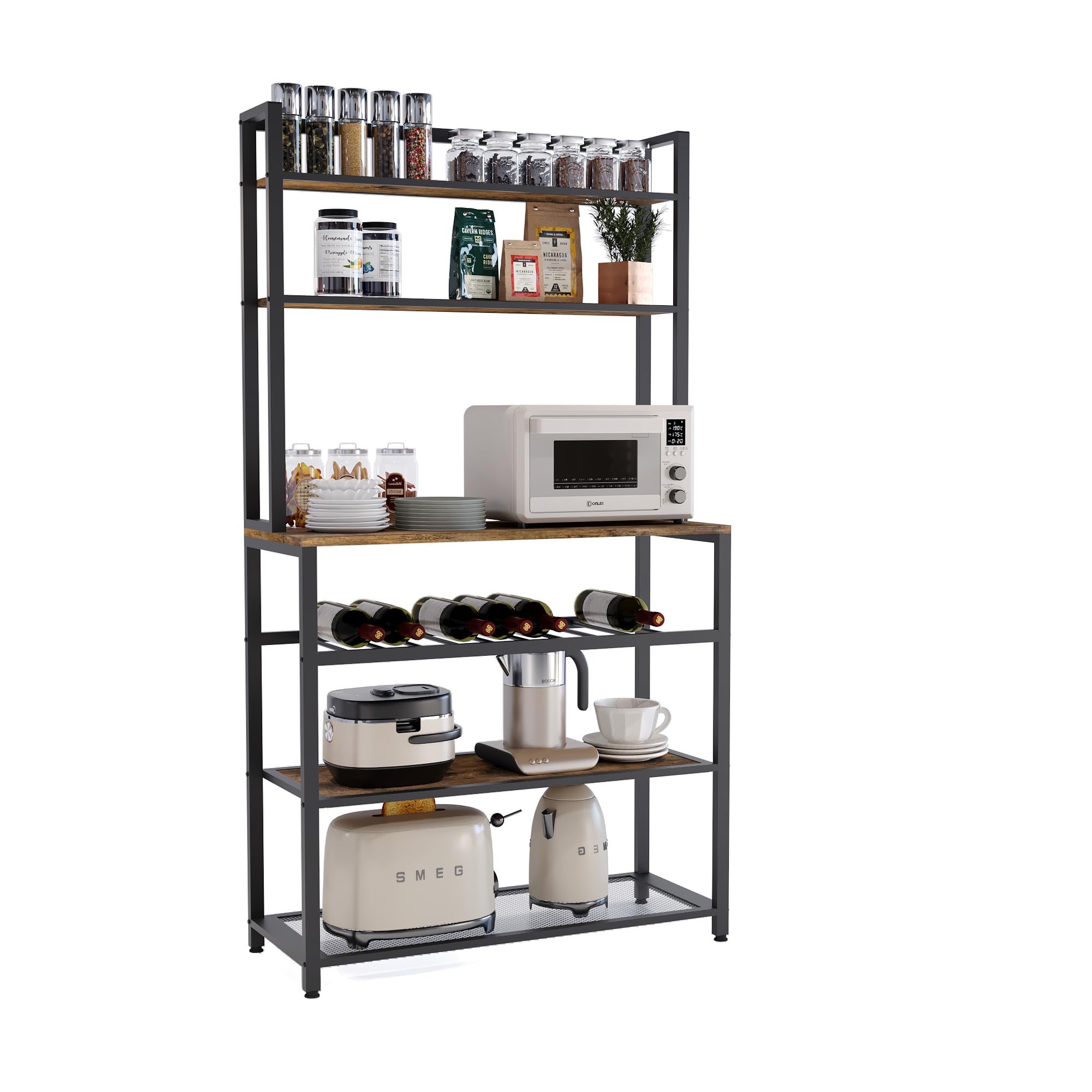 Easyzon 6 Tier Bakers Racks for Kitchens with Storage, Freestanding Coffee Bar, Industrial Microwave Stand with Wine Rack, Kitchen Shelves Organizers and Utility Storage Shelf for Kitchen