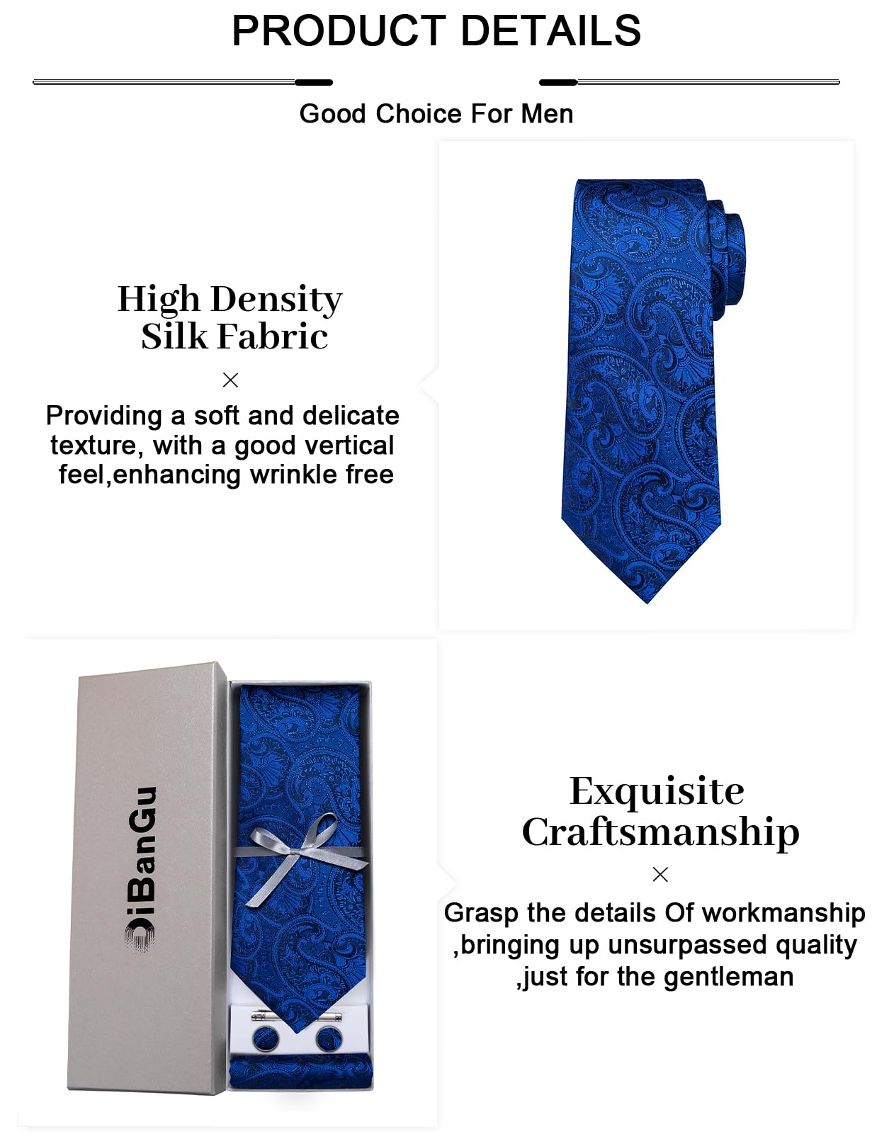 DiBanGu Paisley Ties for Men Silk Necktie and Pocket Square Cufflinks Tie Clip Set Woven Classic Mens Tie for Wedding Party, Royal Blue