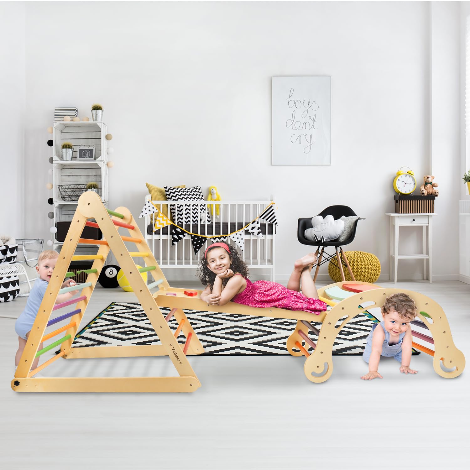 YOLEO Pikler Triangle Set, Foldable 5-in-1 Montessori Climbing Set Fun Baby Pickler-3 Piece Climbing Jungle Gym and Indoor Playground Climbing Toys for Toddlers 1-3 Inside