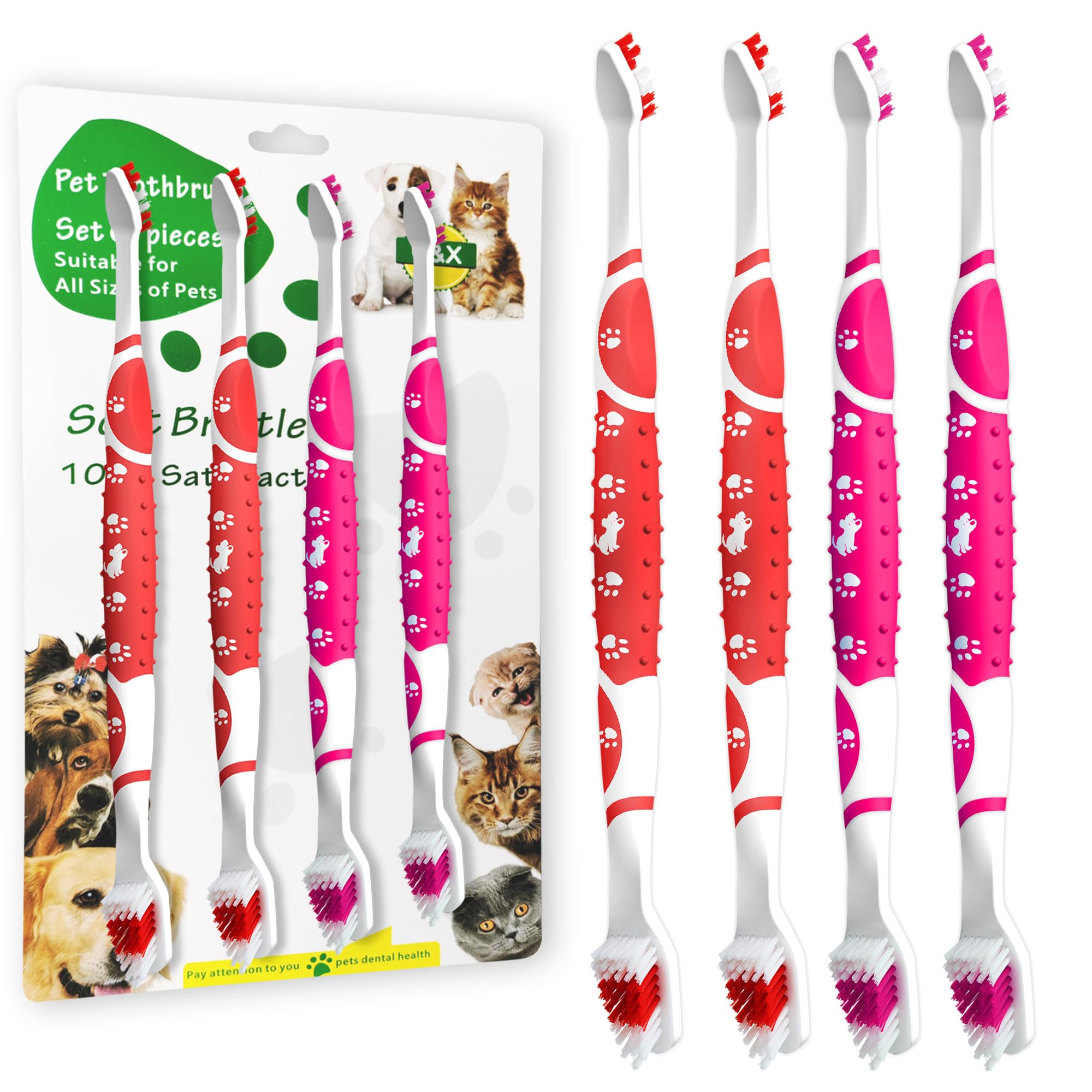 QWloog Magzipo Pet Toothbrush for Dogs,Cats,Soft and Non Slip Dual Head Dog Toothbrush (2 Red+2 Pink)