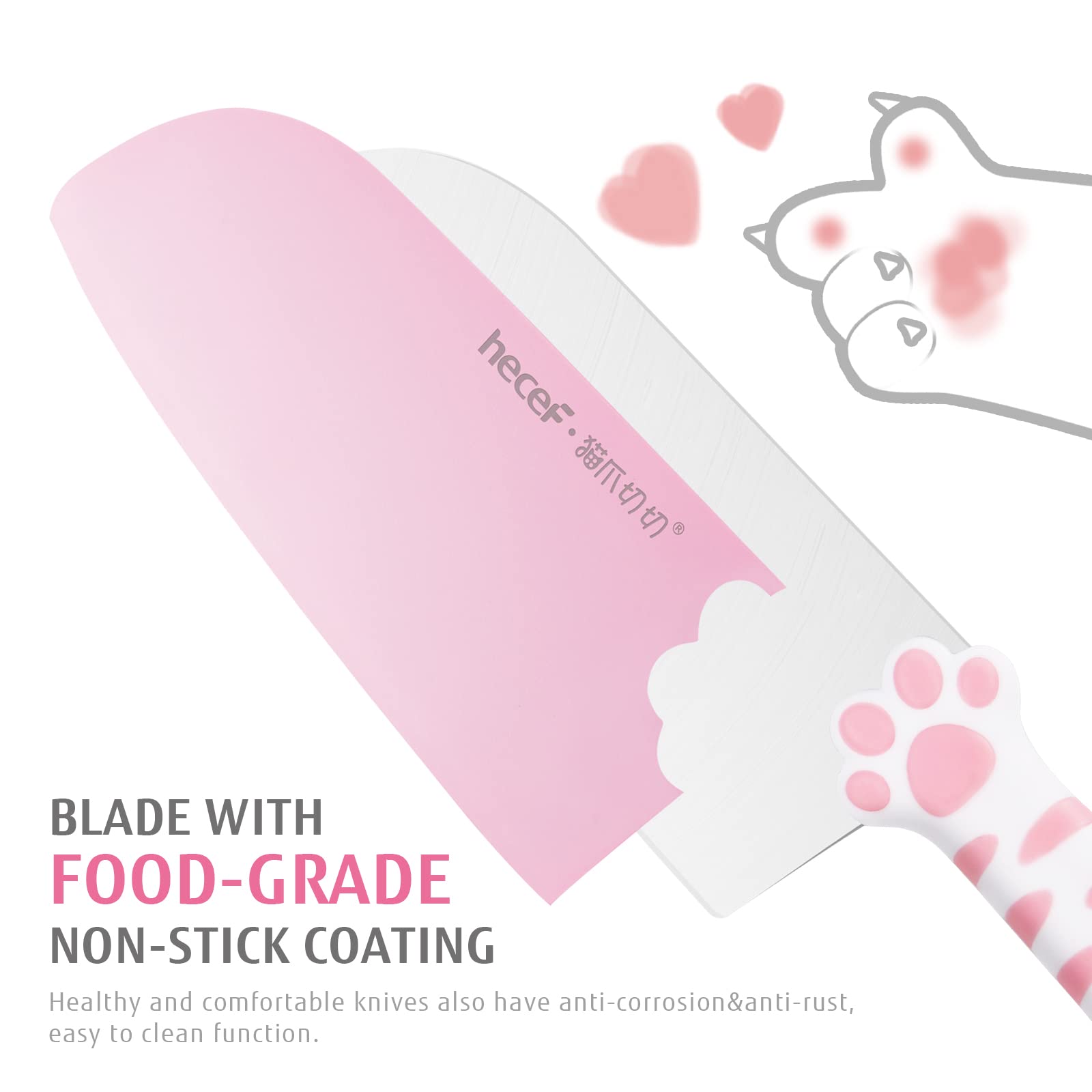 hecef Cute Kitchen Knife Set,5-piece Non-Stcik Knives Set with Detachable Block and Scissors,Sharp Kitchen Knives for Chopping, Slicing, Dicing and Cutting, Gift Housewarming Birthday (Pink)