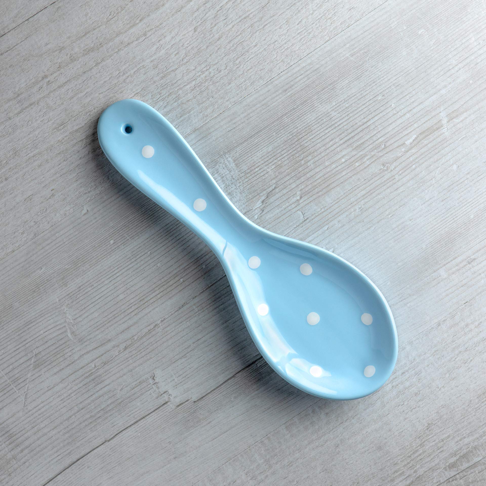 Handmade Light Sky Blue and White Polka Dot Ceramic Kitchen Cooking Spoon Rest | Pottery Utensil Holder | Housewarming Gift by City to CottageĀ®