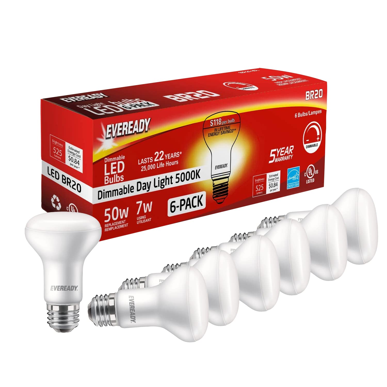 Eveready Led Flood Light Bulbs, BR20, 50 Watt Equivalent (7W Led Bulb), 525 Lumens, 5000K Daylight Color, Dimmable, E26 Base Flood Lights for Recessed Cans, Energy Star and UL Certified β 6 Pack