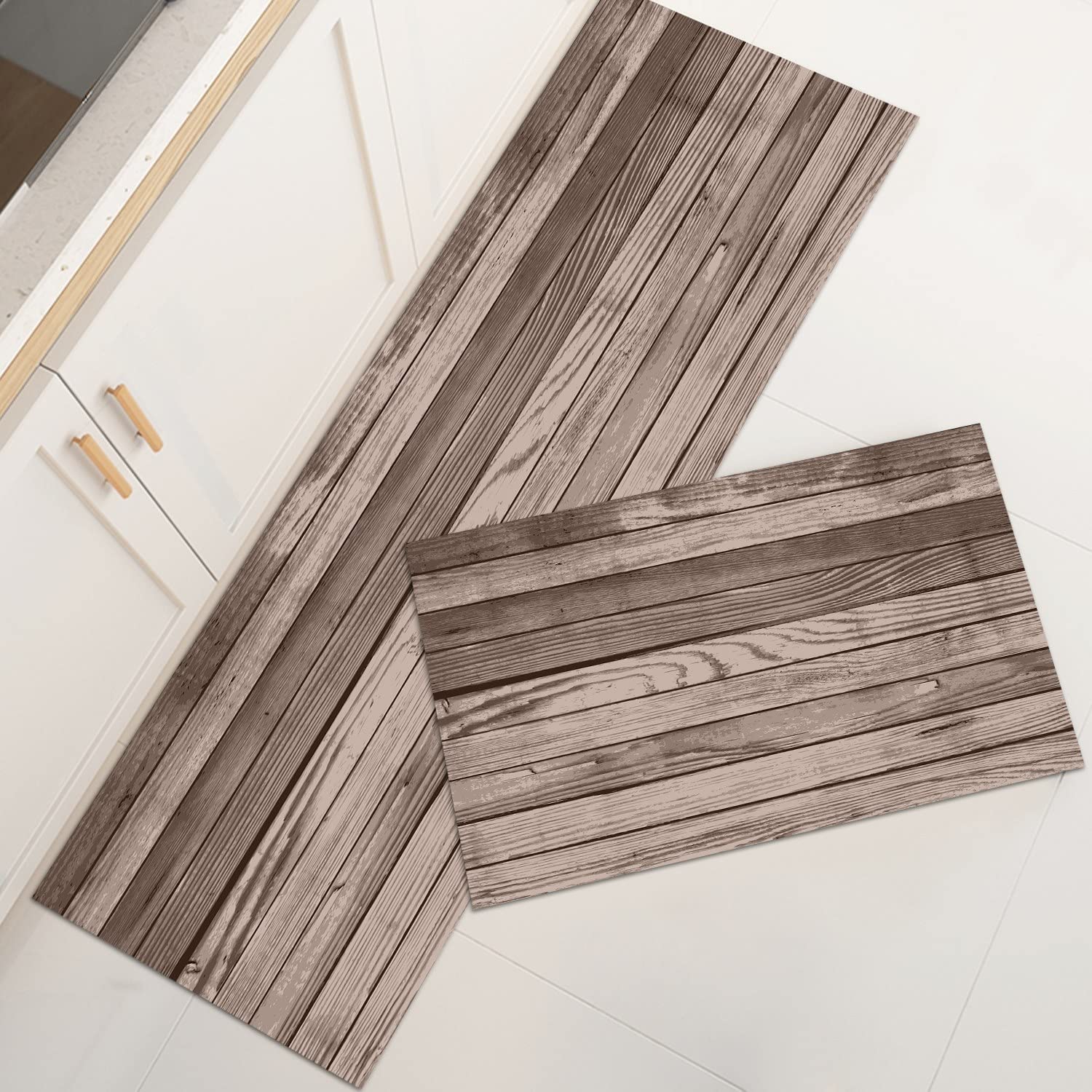 GUBIYU Set of 2 Kitchen Rugs and Mats Country Wooden Kitchen Rugs Washable Rustic Floor Planks Brown Wood Textures Bathroom Rugs Runner Farmhouse Style Walnut Oak Grain Decorative Kitchen Floor Decor