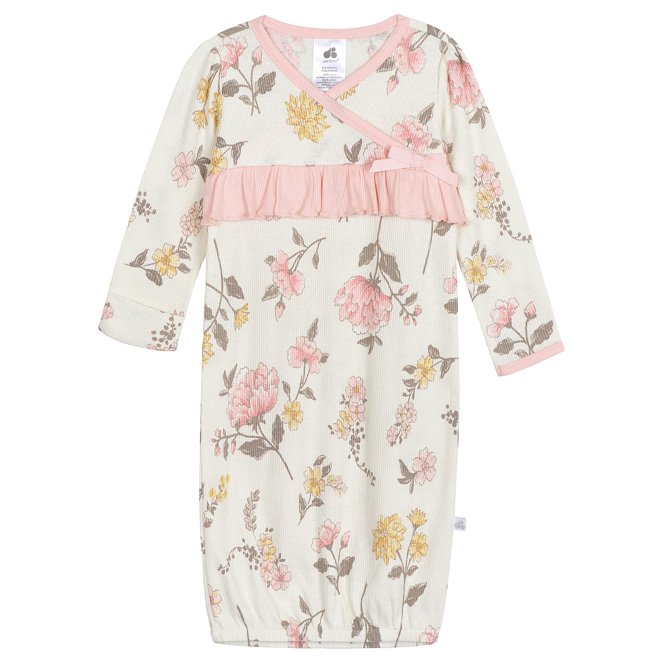 Just Born Unisex Baby 1-Pack Side Opening Gown, Vintage Floral, 0-6 Months