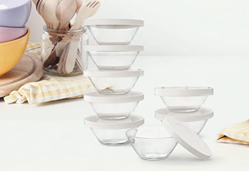 KooK Small Glass Prep Bowls with Lids Set, Clear Mini Food Storage Containers, Perfect for Dips, Microwave & Dishwasher Safe, 7.25 oz, Set of 8