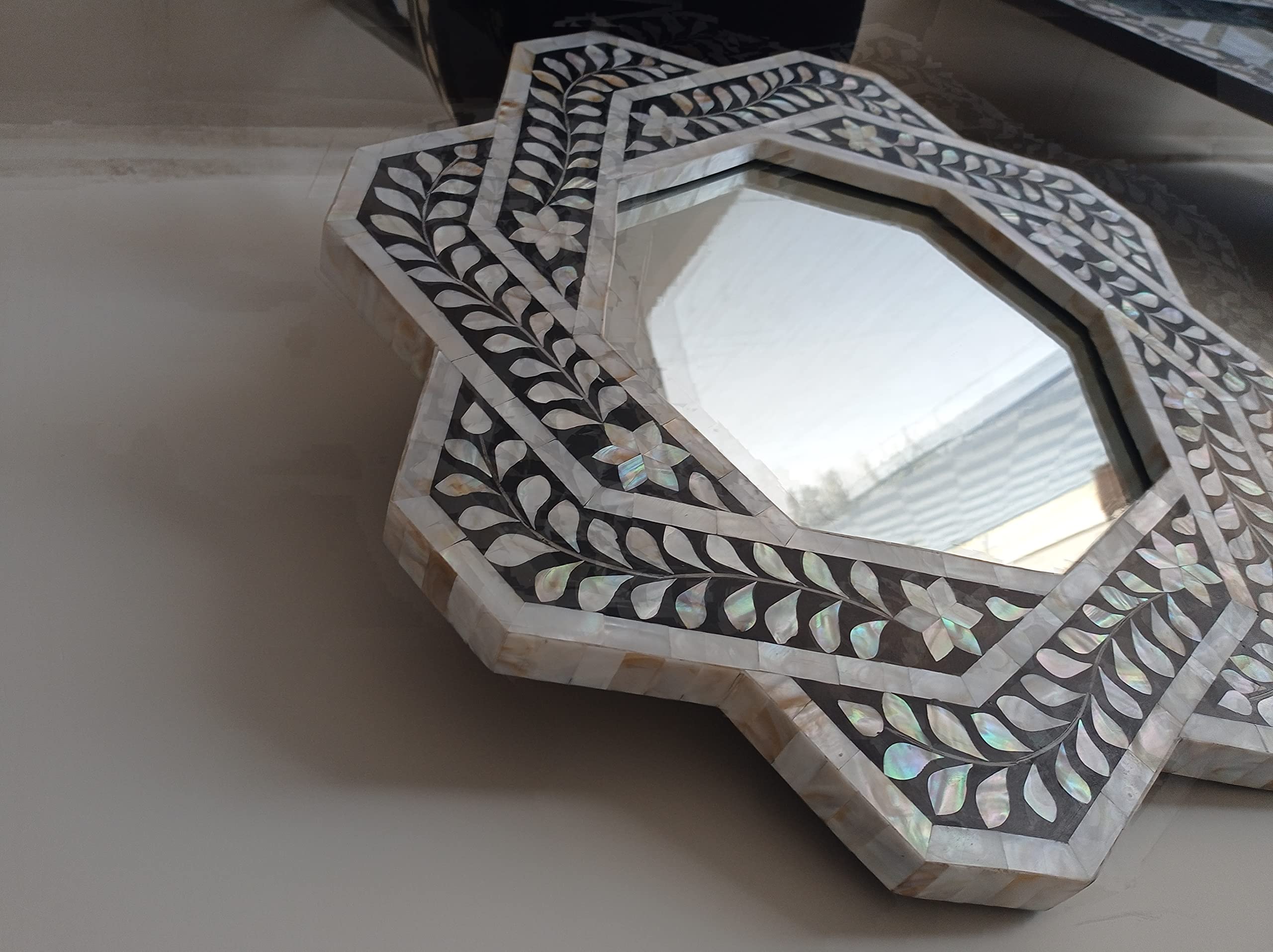 Handmade Mother Of Pearl Inlay Hexagonal Black Floral Pattern Mirror Frame | Handmade MOP Inlay Mirror Frame For Home Decor