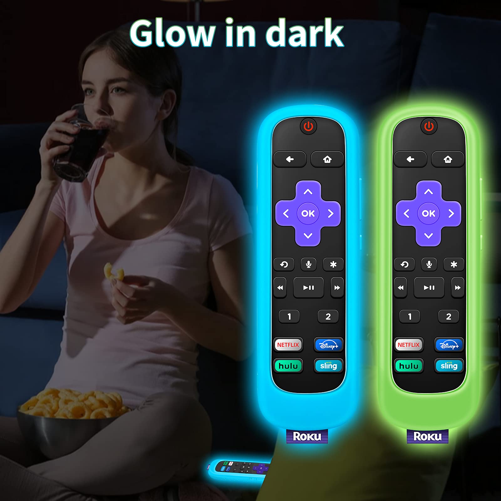 EVAHOM 2 Pack Silicone Remote Cases for Roku Voice Remote Pro, Roku Pro Remote Covers with Waterproof Shockproof and Anti-Slip, Protective Sleeve Blue Green Glowing in Dark