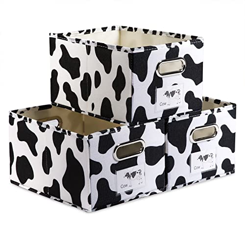 PRANDOM Collapsible Storage Baskets for Closet [3-pack] Decorative Linen Fabric Storage Bins Cubes with Metal Handles for Shelves Bedroom Living Room Cows (11.5x8.5x6.7 Inch)